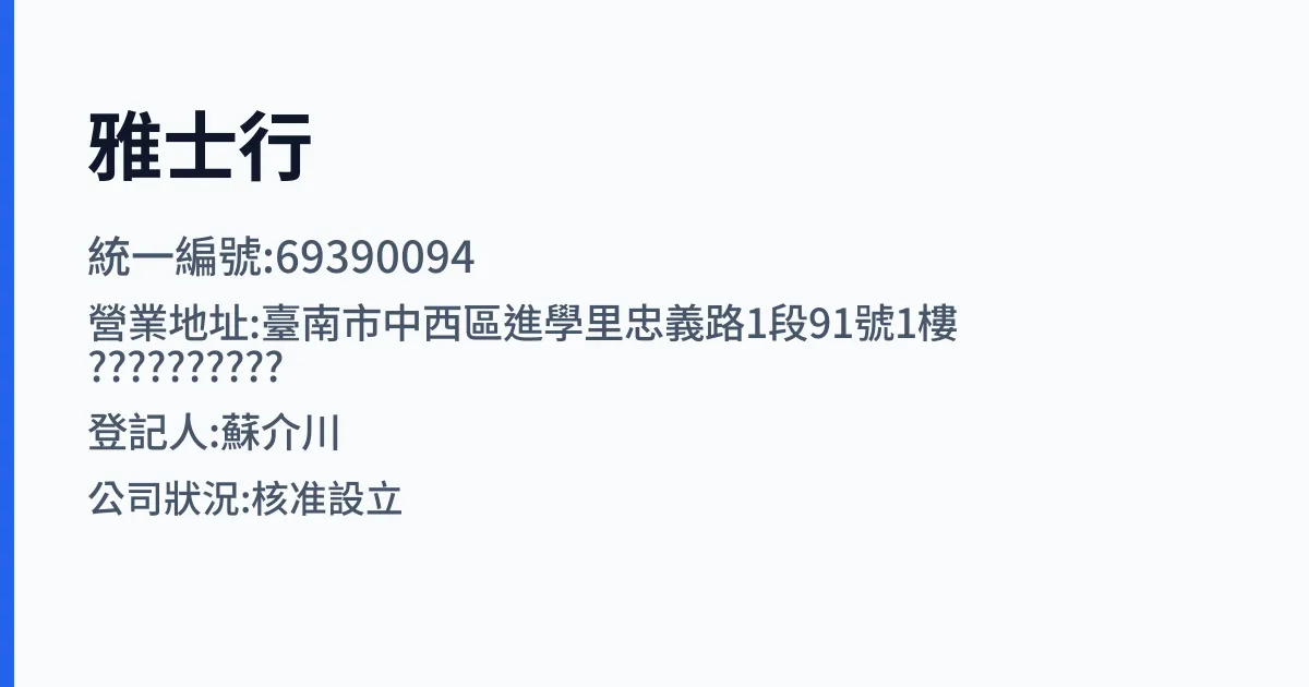 雅士行 - 統編 69390094(臺南市) 公司登記資料與營業項目詳細圖表
