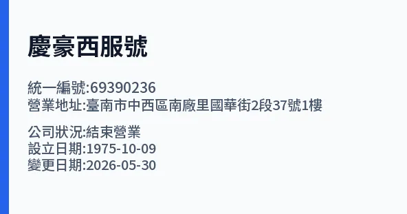 慶豪西服號的照片-統編 69390236(臺南市) 公司登記資料與營業項目詳細圖表