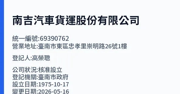 南吉汽車貨運股份有限公司的照片-統編 69390762(臺南市) 公司登記資料與營業項目詳細圖表