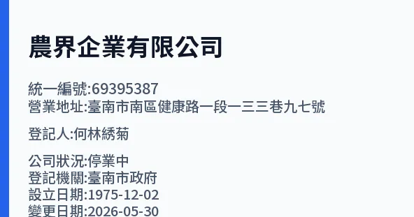 農界企業有限公司的照片-統編 69395387(臺南市) 公司登記資料與營業項目詳細圖表