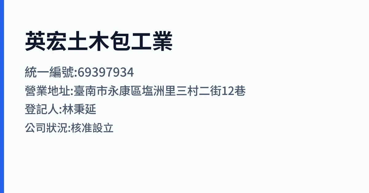 英宏土木包工業 - 統編 69397934(臺南市) 公司登記資料與營業項目詳細圖表