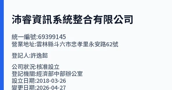 沛睿資訊系統整合有限公司的照片-統編 69399145(雲林縣) 公司登記資料與營業項目詳細圖表