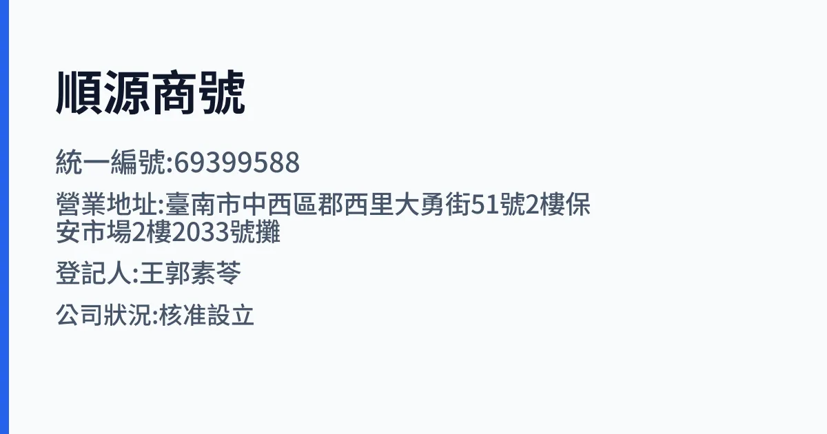 順源商號 - 統編 69399588(臺南市) 公司登記資料與營業項目詳細圖表