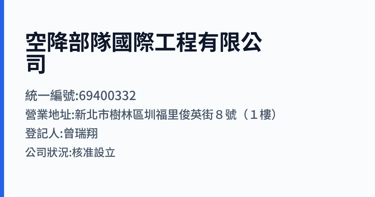 空降部隊國際工程有限公司 - 統編 69400332（新北市） 公司登記資料與營業項目詳細圖表