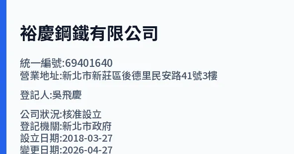 裕慶鋼鐵有限公司的照片-統編 69401640(新北市) 公司登記資料與營業項目詳細圖表