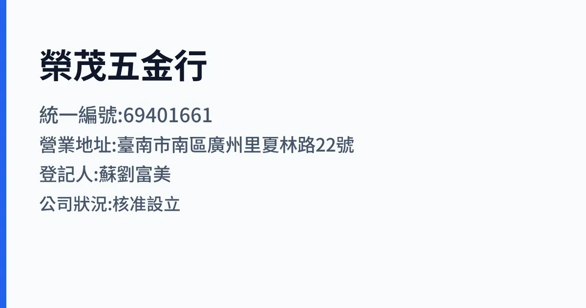榮茂五金行 - 統編 69401661(臺南市) 公司登記資料與營業項目詳細圖表
