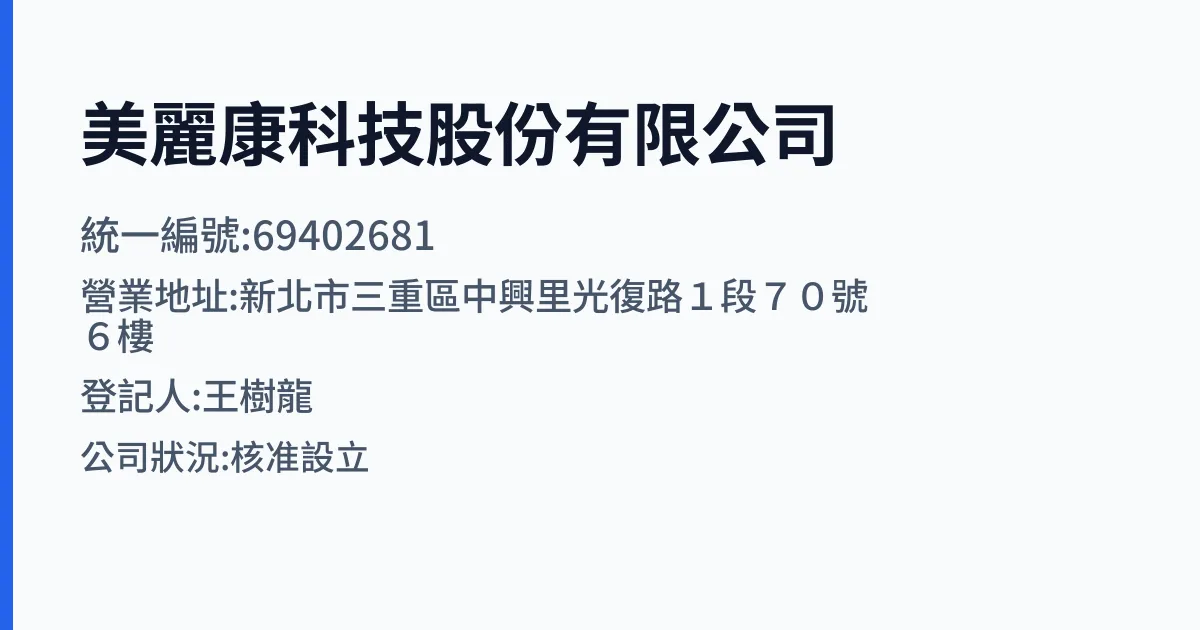 美麗康科技股份有限公司 - 統編 69402681(新北市) 公司登記資料與營業項目詳細圖表