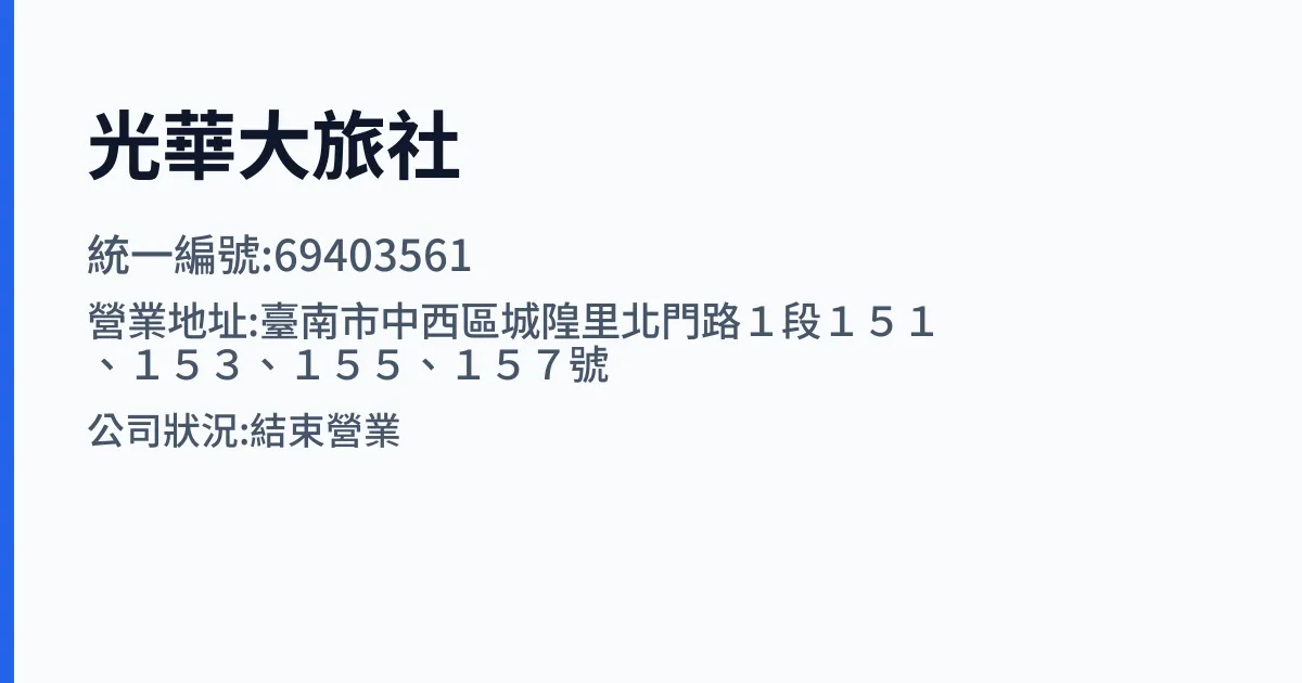 光華大旅社 - 統編 69403561(臺南市) 公司登記資料與營業項目詳細圖表