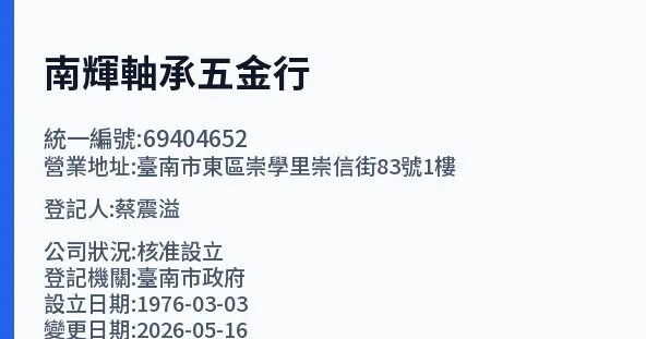 南輝軸承五金行的照片-統編 69404652(臺南市) 公司登記資料與營業項目詳細圖表