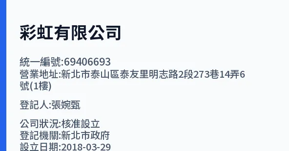 彩虹有限公司的照片-統編 69406693(新北市) 公司登記資料與營業項目詳細圖表