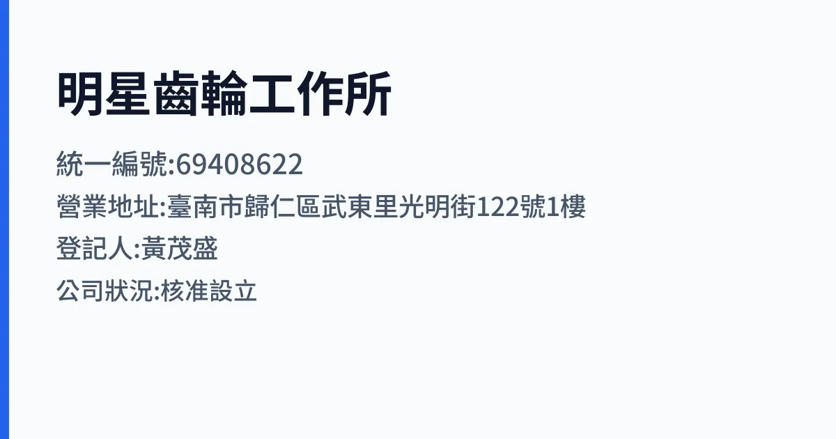 明星齒輪工作所 - 統編 69408622（臺南市） 公司登記資料與營業項目詳細圖表