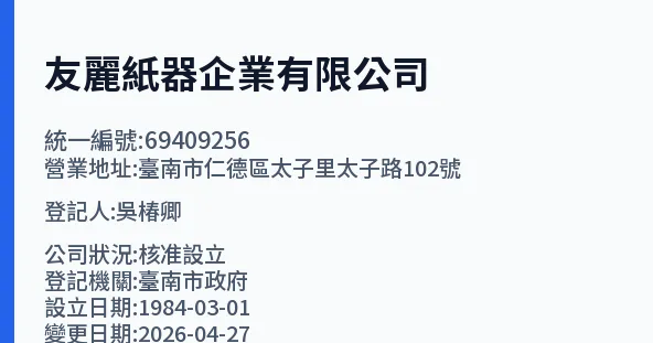 友麗紙器企業有限公司的照片-統編 69409256(臺南市) 公司登記資料與營業項目詳細圖表