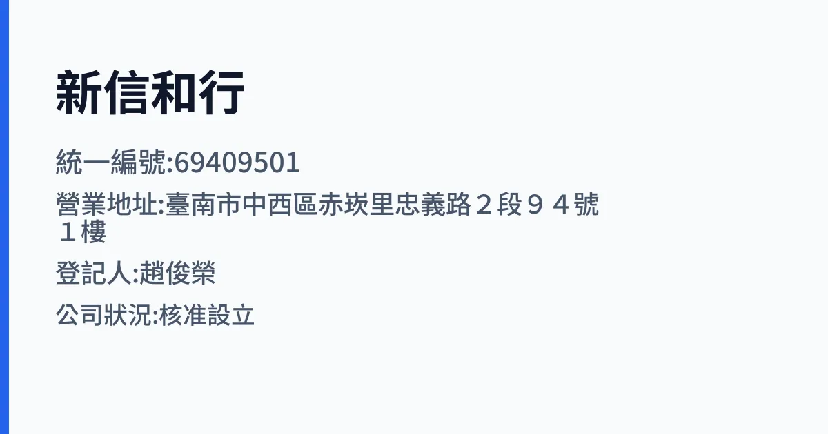 新信和行 - 統編 69409501(臺南市) 公司登記資料與營業項目詳細圖表