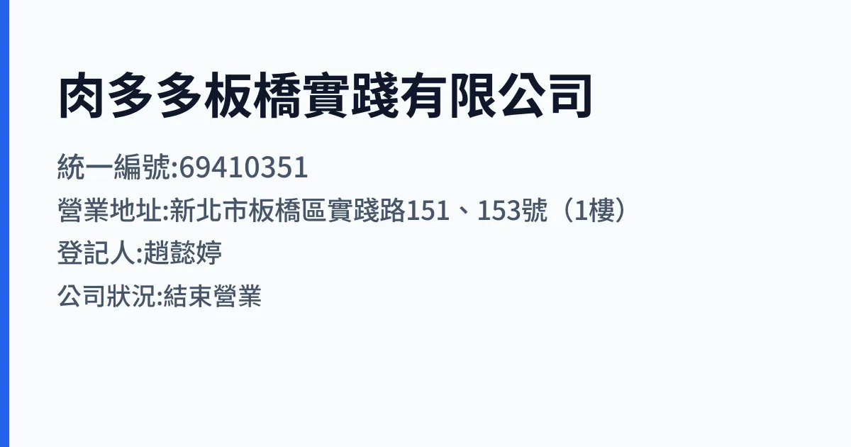 肉多多板橋實踐有限公司 - 統編 69410351(新北市) 公司登記資料與營業項目詳細圖表