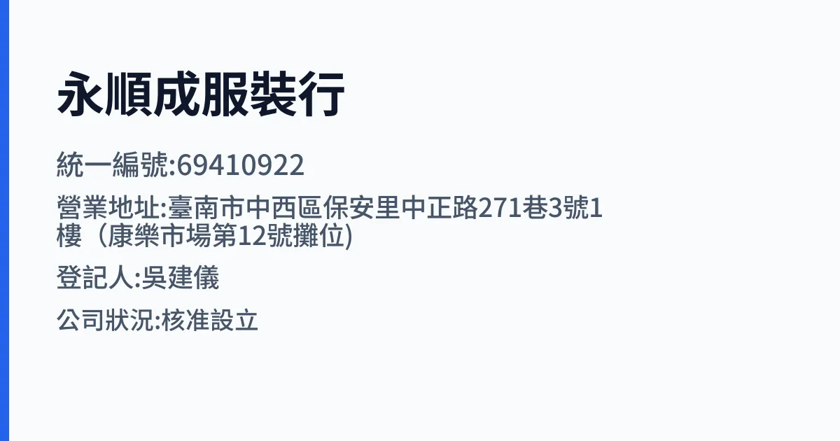永順成服裝行 - 統編 69410922(臺南市) 公司登記資料與營業項目詳細圖表