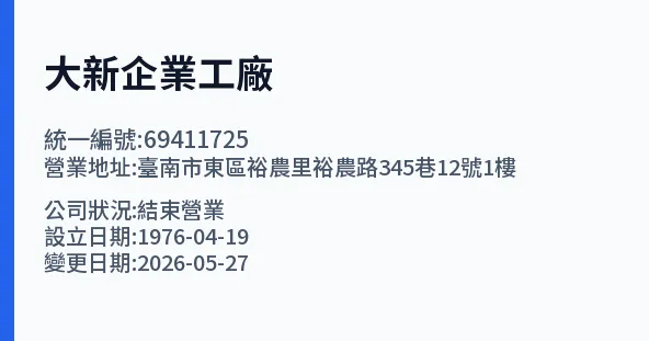 大新企業工廠的照片-統編 69411725(臺南市) 公司登記資料與營業項目詳細圖表
