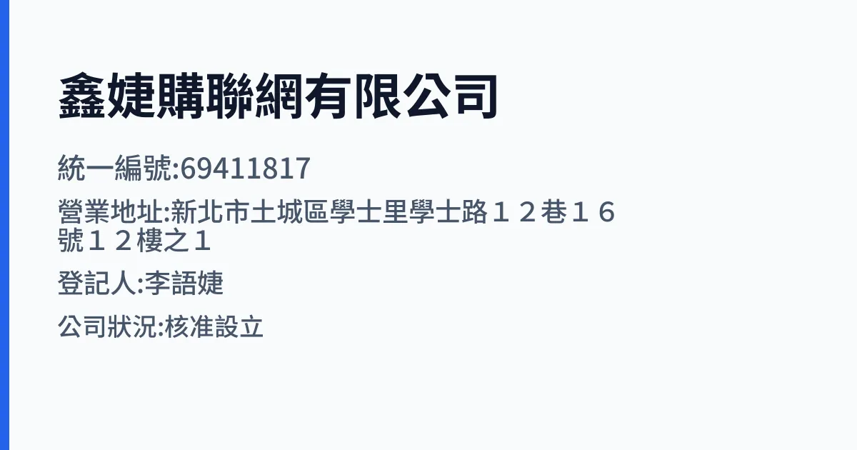 鑫婕購聯網有限公司 - 統編 69411817(新北市) 公司登記資料與營業項目詳細圖表