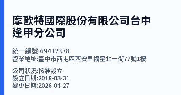 摩歐特國際股份有限公司台中逢甲分公司的照片-統編 69412338(臺中市) 公司登記資料與營業項目詳細圖表