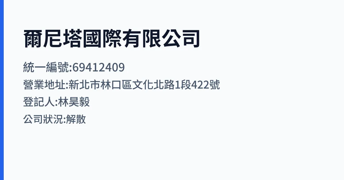 爾尼塔國際有限公司 - 統編 69412409(新北市) 公司登記資料與營業項目詳細圖表