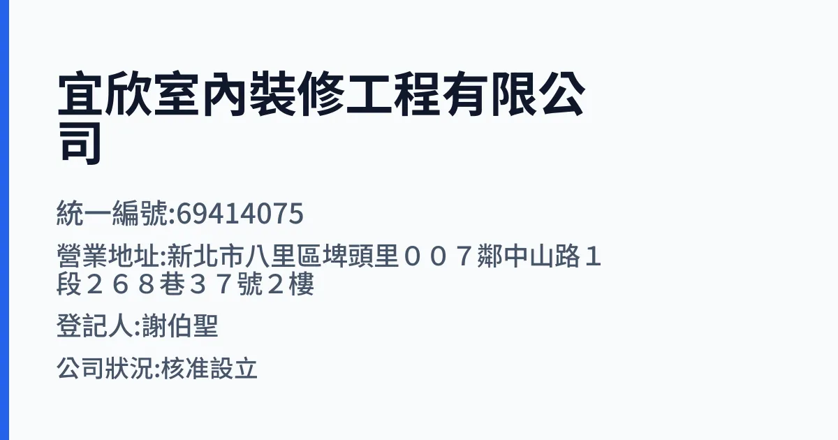 宜欣室內裝修工程有限公司 - 統編 69414075(新北市) 公司登記資料與營業項目詳細圖表