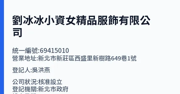 劉冰冰小資女精品服飾有限公司的照片-統編 69415010(新北市) 公司登記資料與營業項目詳細圖表