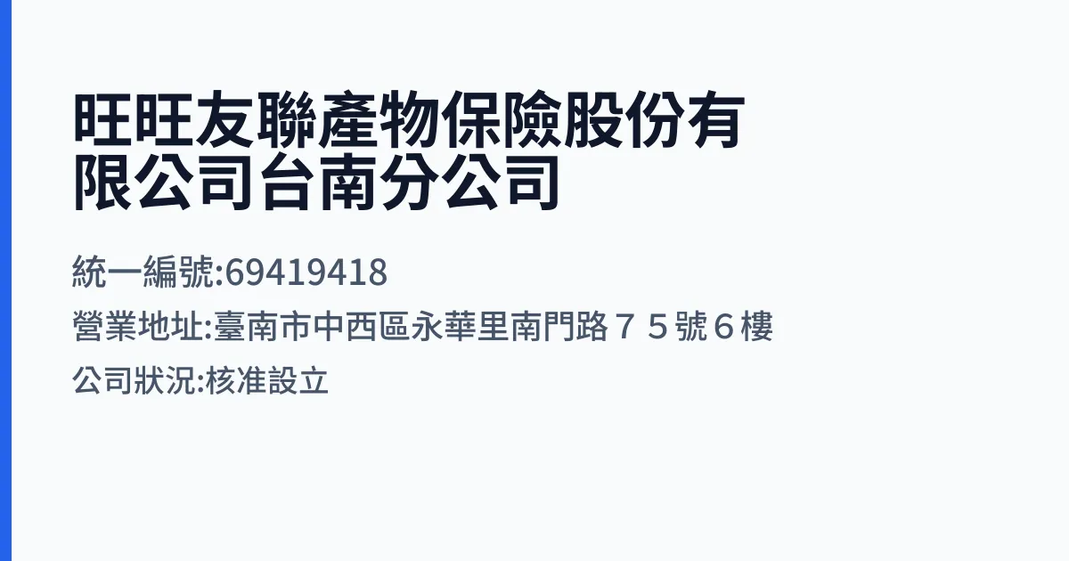 旺旺友聯產物保險股份有限公司台南分公司 - 統編 69419418(臺南市) 公司登記資料與營業項目詳細圖表