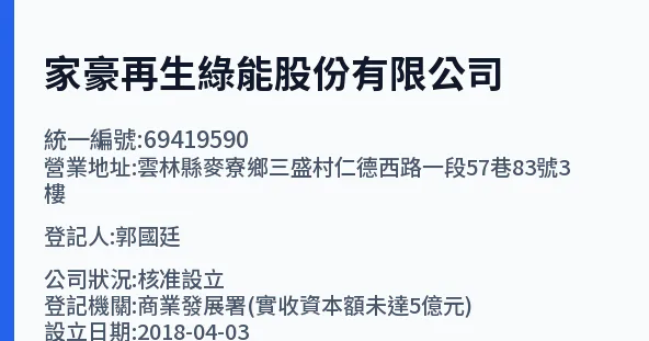 家豪再生綠能股份有限公司的照片-統編 69419590(雲林縣) 公司登記資料與營業項目詳細圖表