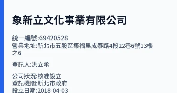 象新立文化事業有限公司的照片-統編 69420528(新北市) 公司登記資料與營業項目詳細圖表