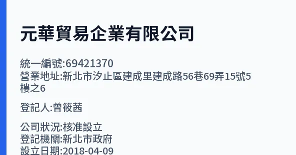 元華貿易企業有限公司的照片-統編 69421370(新北市) 公司登記資料與營業項目詳細圖表