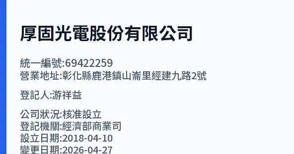 厚固光電股份有限公司的照片-統編 69422259(彰化縣) 公司登記資料與營業項目詳細圖表
