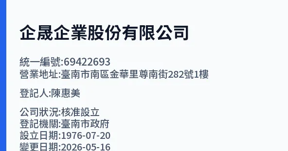 企晟企業股份有限公司的照片-統編 69422693(臺南市) 公司登記資料與營業項目詳細圖表