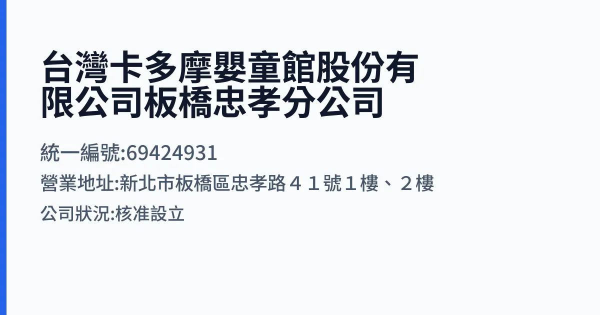 台灣卡多摩嬰童館股份有限公司板橋忠孝分公司 - 統編 69424931(新北市) 公司登記資料與營業項目詳細圖表