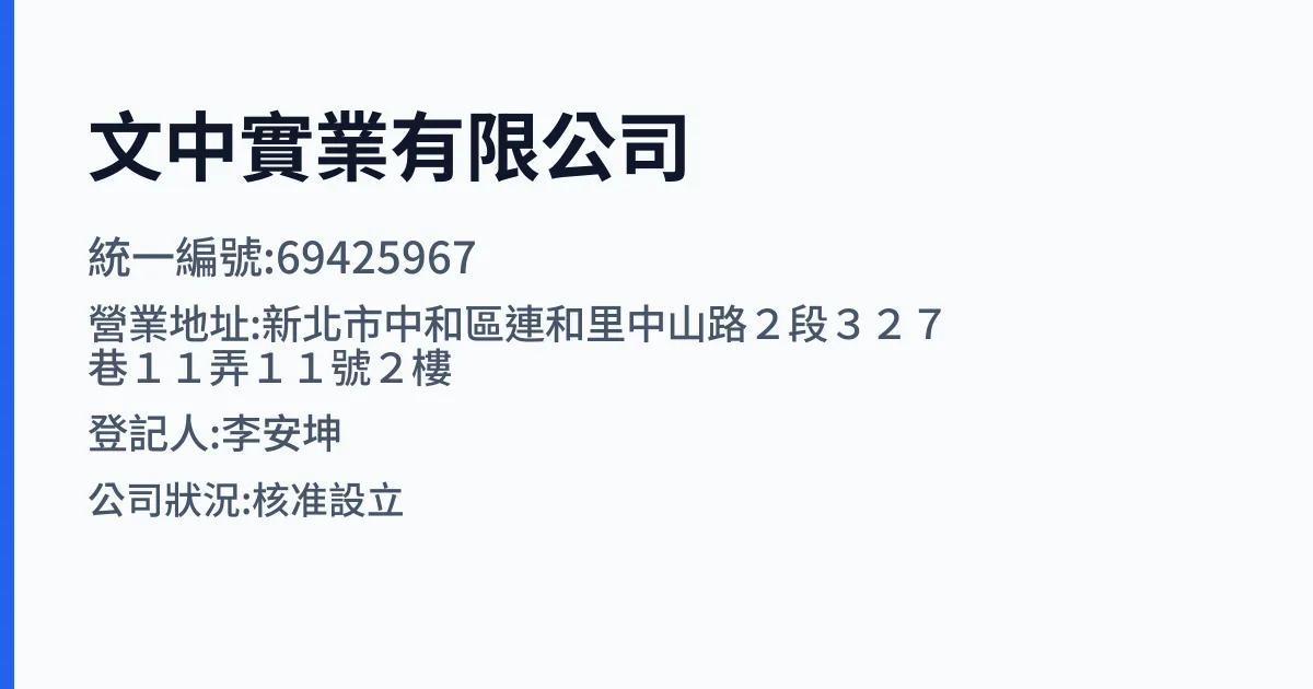 文中實業有限公司 - 統編 69425967(新北市) 公司登記資料與營業項目詳細圖表