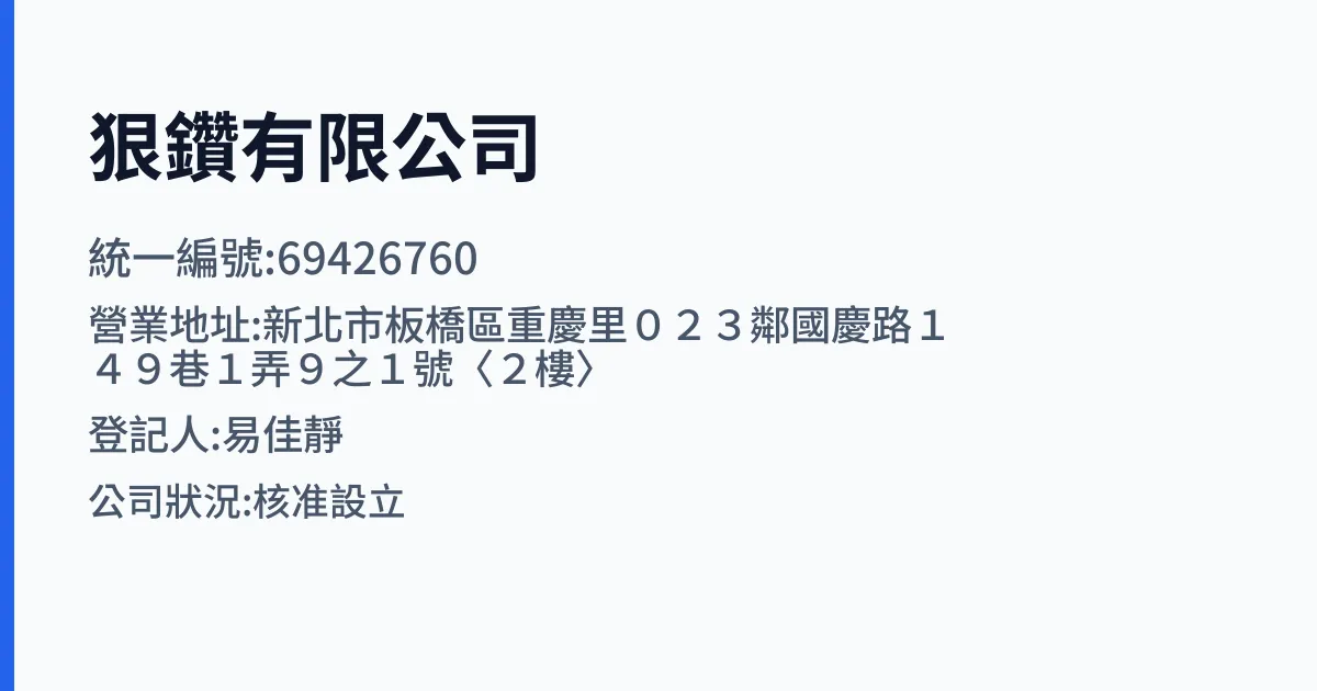 狠鑽有限公司 - 統編 69426760(新北市) 公司登記資料與營業項目詳細圖表