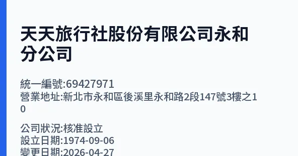 天天旅行社股份有限公司永和分公司的照片-統編 69427971(新北市) 公司登記資料與營業項目詳細圖表