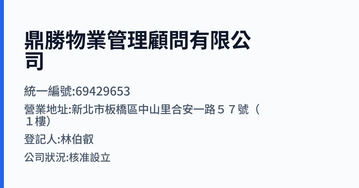 鼎勝物業管理顧問有限公司 - 統編 69429653(新北市) 公司登記資料與營業項目詳細圖表