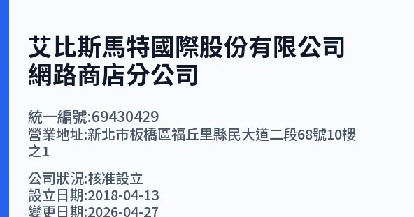 艾比斯馬特國際股份有限公司網路商店分公司的照片-統編 69430429(新北市) 公司登記資料與營業項目詳細圖表