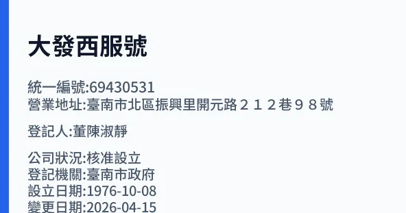大發西服號的照片-統編 69430531(臺南市) 公司登記資料與營業項目詳細圖表