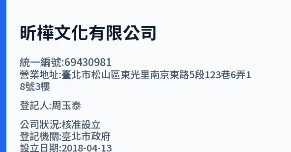 昕樺文化有限公司的照片-統編 69430981(臺北市) 公司登記資料與營業項目詳細圖表