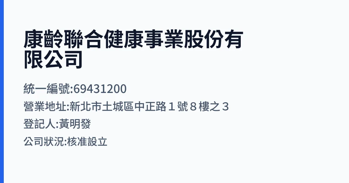 康齡聯合健康事業股份有限公司 - 統編 69431200(新北市) 公司登記資料與營業項目詳細圖表