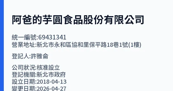 阿爸的芋圓食品股份有限公司的照片-統編 69431341(新北市) 公司登記資料與營業項目詳細圖表