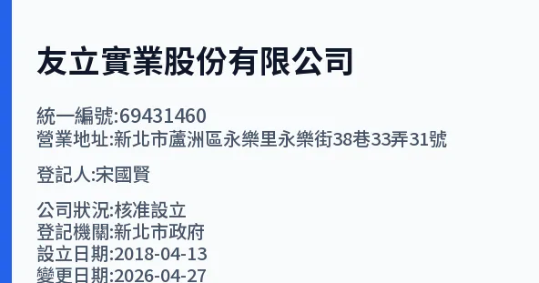 友立實業股份有限公司的照片-統編 69431460(新北市) 公司登記資料與營業項目詳細圖表