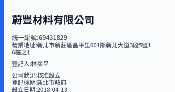 蔚豐材料有限公司的照片-統編 69431829(新北市) 公司登記資料與營業項目詳細圖表