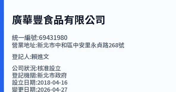 廣華豐食品有限公司的照片-統編 69431980(新北市) 公司登記資料與營業項目詳細圖表