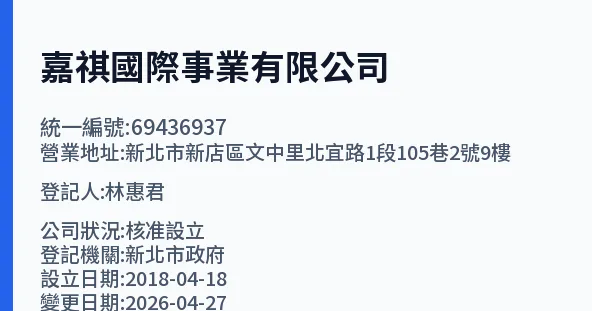 嘉祺國際事業有限公司的照片-統編 69436937(新北市) 公司登記資料與營業項目詳細圖表