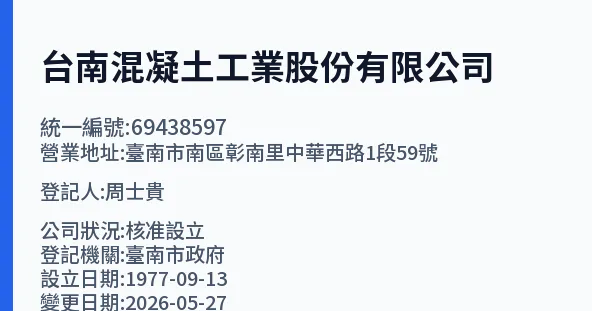 台南混凝土工業股份有限公司的照片-統編 69438597(臺南市) 公司登記資料與營業項目詳細圖表