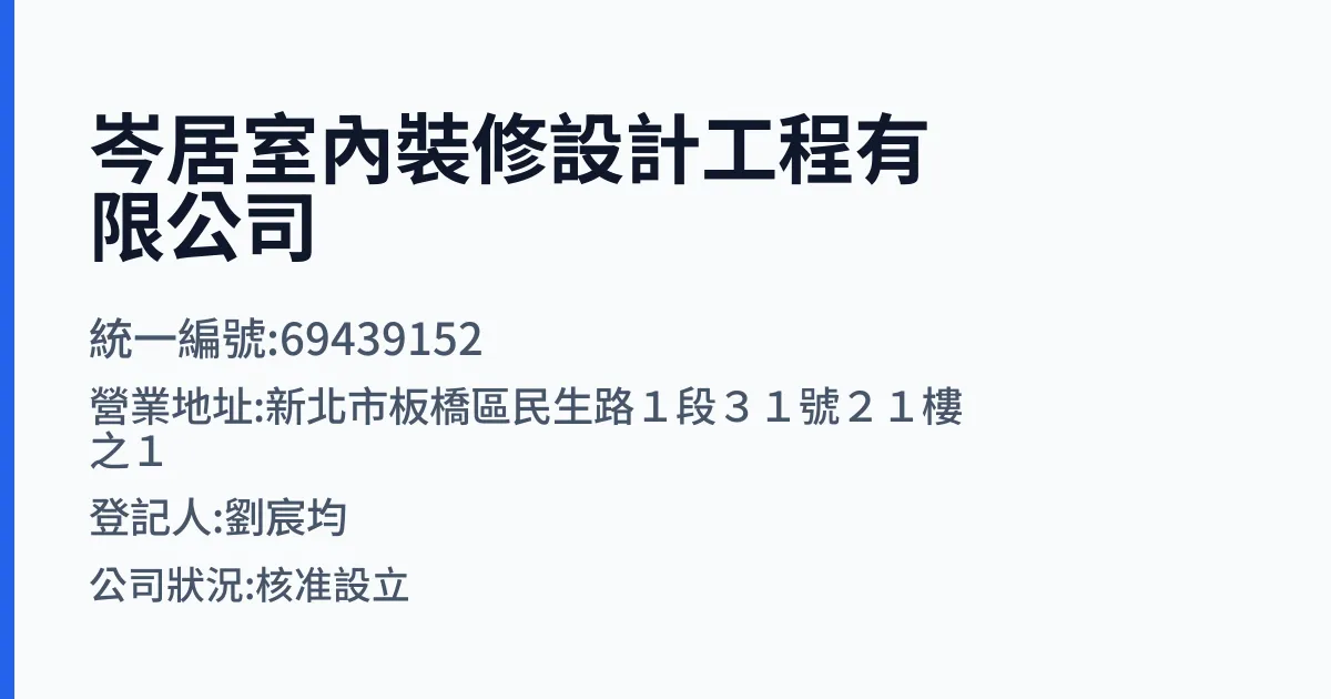 岑居室內裝修設計工程有限公司 - 統編 69439152(新北市) 公司登記資料與營業項目詳細圖表