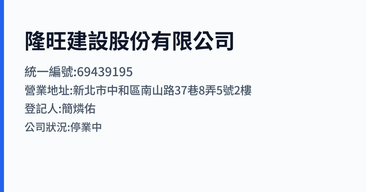 隆旺建設股份有限公司 - 統編 69439195(新北市) 公司登記資料與營業項目詳細圖表