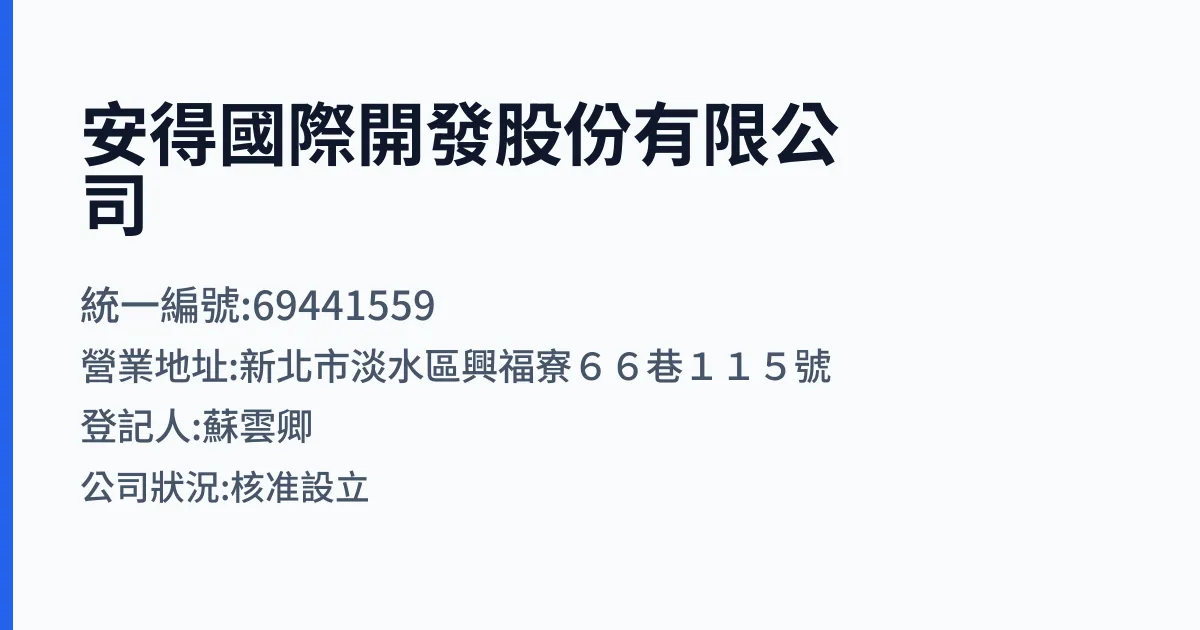 安得國際開發股份有限公司 - 統編 69441559(新北市) 公司登記資料與營業項目詳細圖表