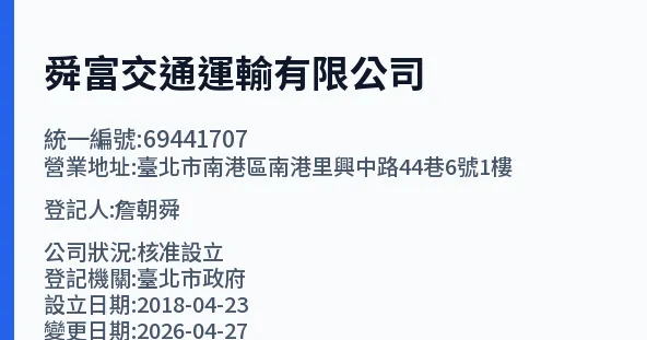 舜富交通運輸有限公司的照片-統編 69441707(臺北市) 公司登記資料與營業項目詳細圖表